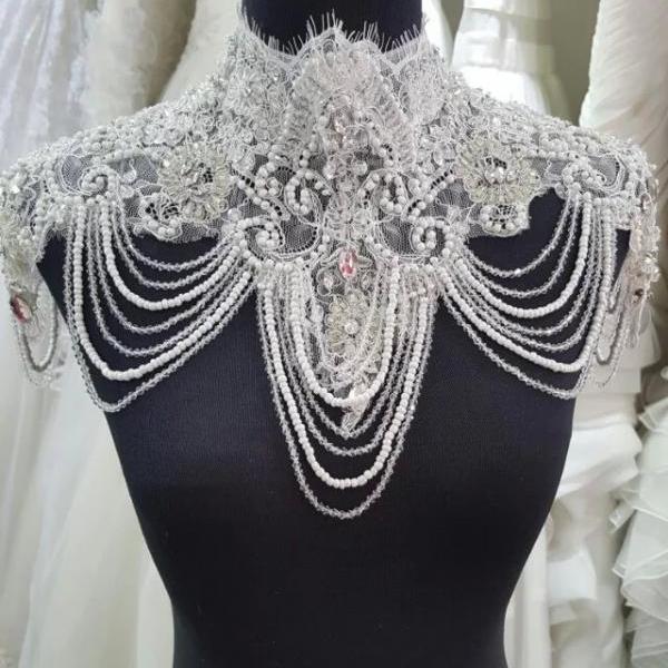 Luxury Bridal Jacket Beaded Bridal Shoulder Necklace Lace With Crystals ...
